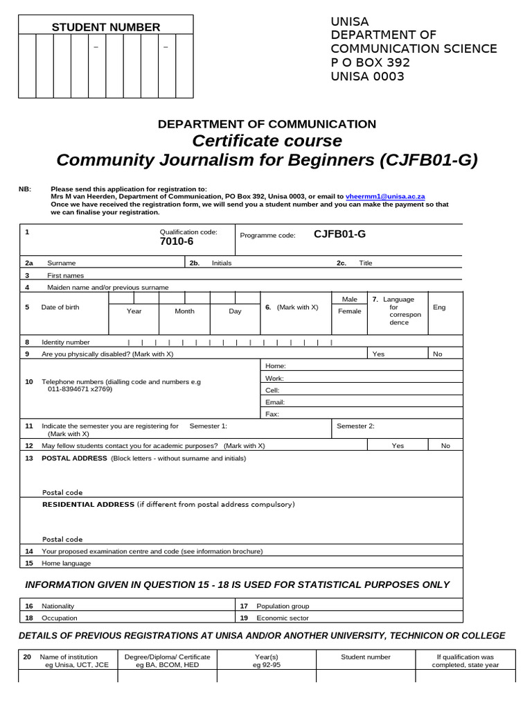 UNISA Community Journalism Registration Form | PDF