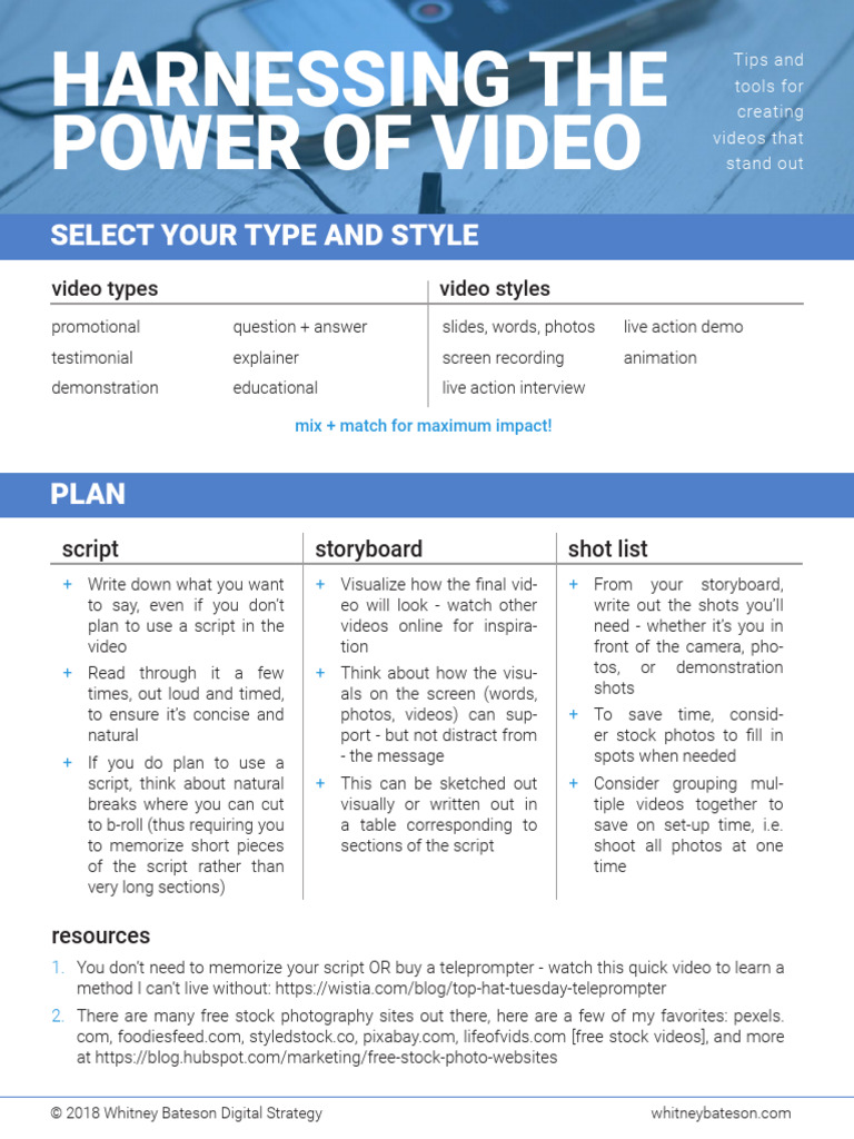 Harness The Power of Video Handout | PDF | Tripod (Photography) | Camera