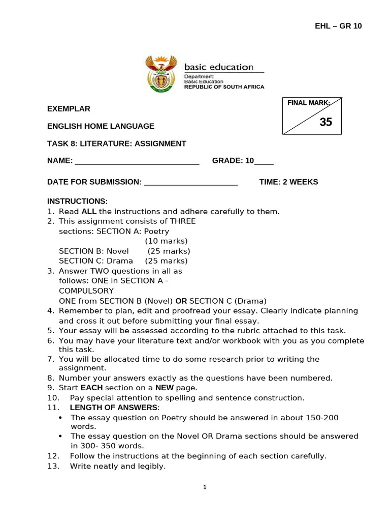 Grade 10 English Literature Assignment | PDF | Poetry | Argument