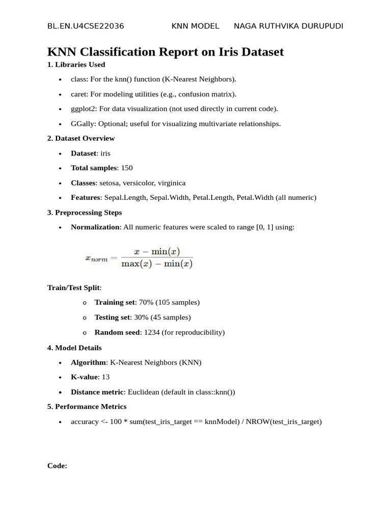 KNN Classification Report on Iris Dataset | PDF | Data Analysis | Applied Mathematics
