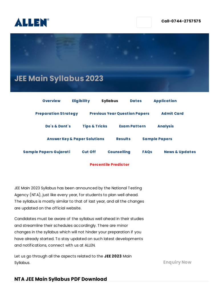 JEE Main 2023 Subject-Wise Syllabus - Physics, Chemistry & Mathematics ...