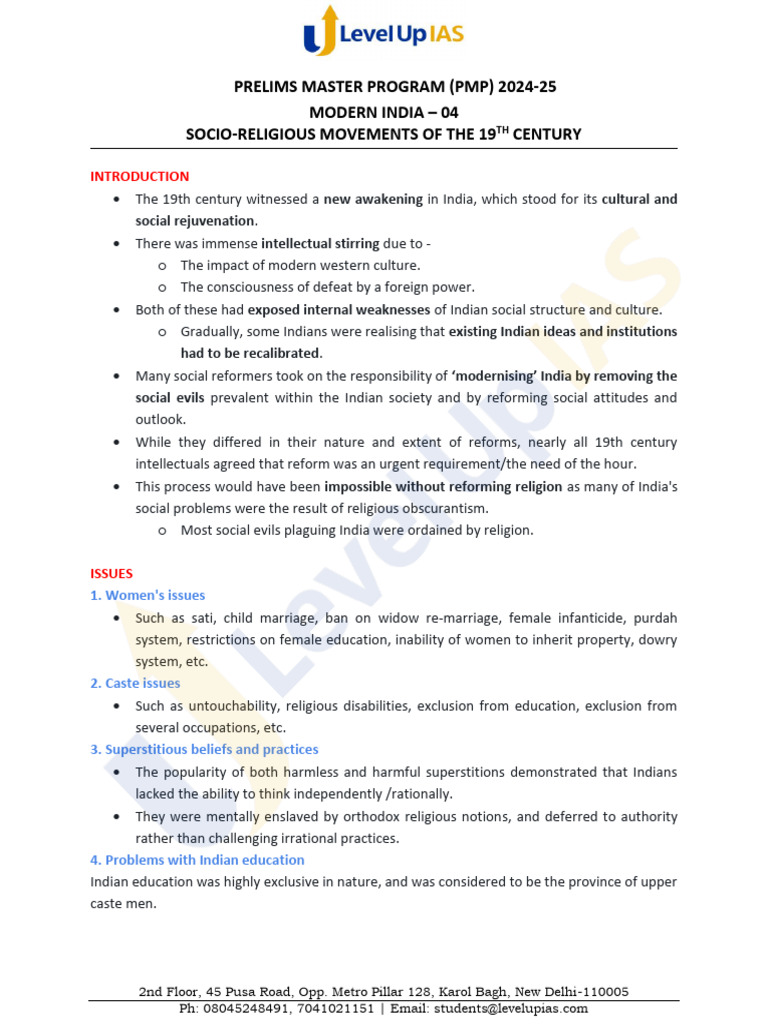 PMP 2025 Modern India Handout 4 Socio Religious Reformers | PDF | Dalit