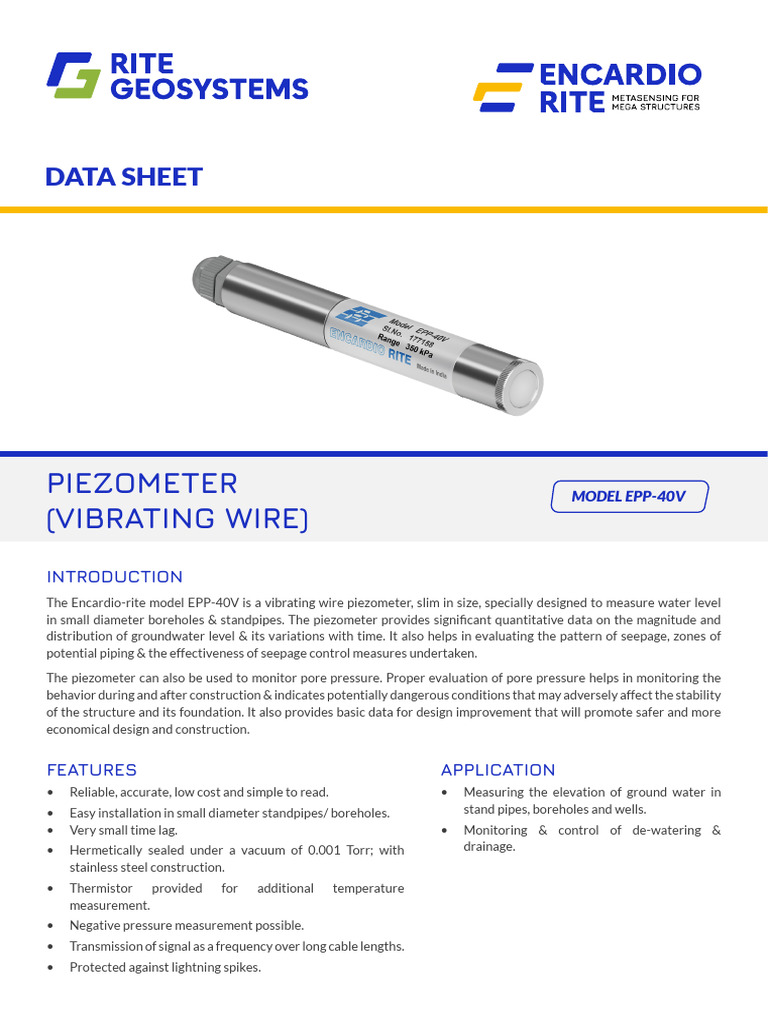 EPP-40V Vibrating Wire Piezometer | PDF | Pressure Measurement | Materials