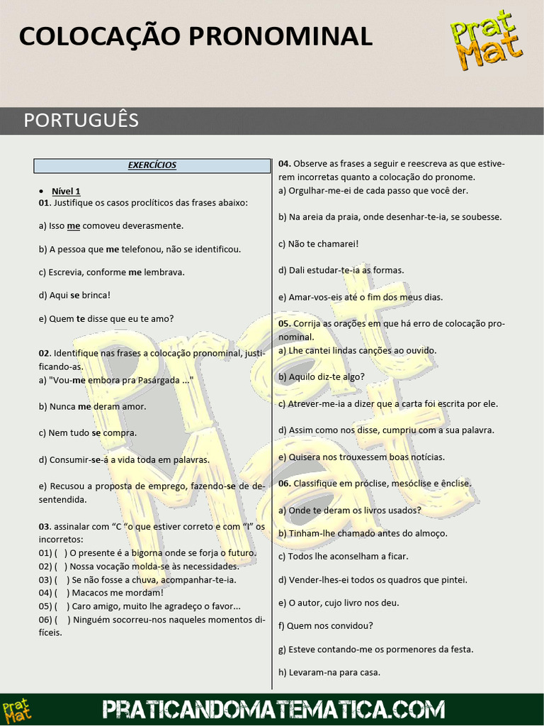 Exercícios de Colocação Pronominal em Português | PDF | Linguística ...