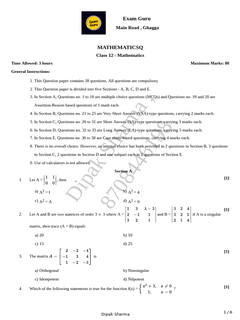 Class 12 Mathematics Exam Paper | PDF | Matrix (Mathematics ...