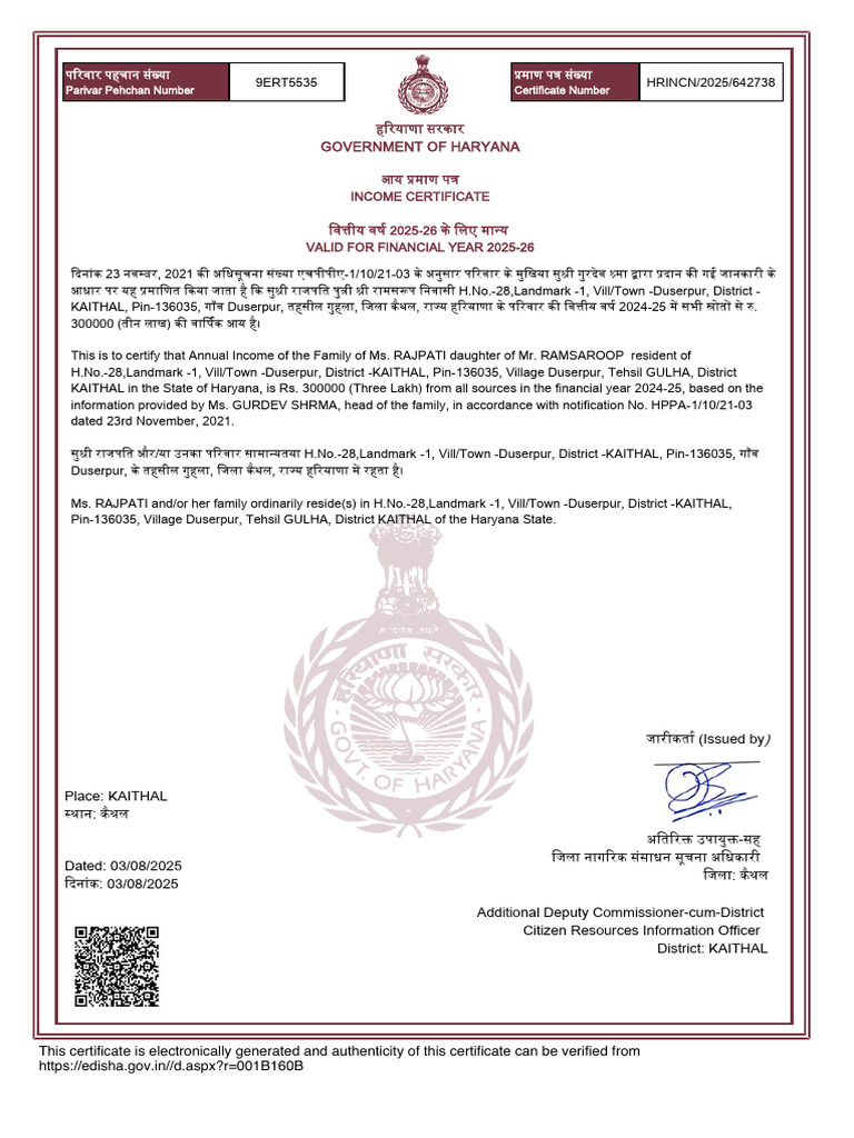 Income Certificate for Haryana 2025-26 | PDF