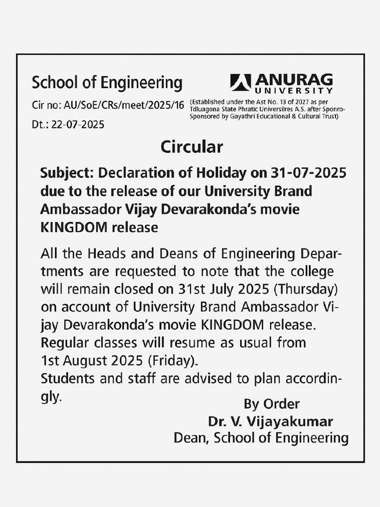 Anurag University 2025-2026 Circular | PDF