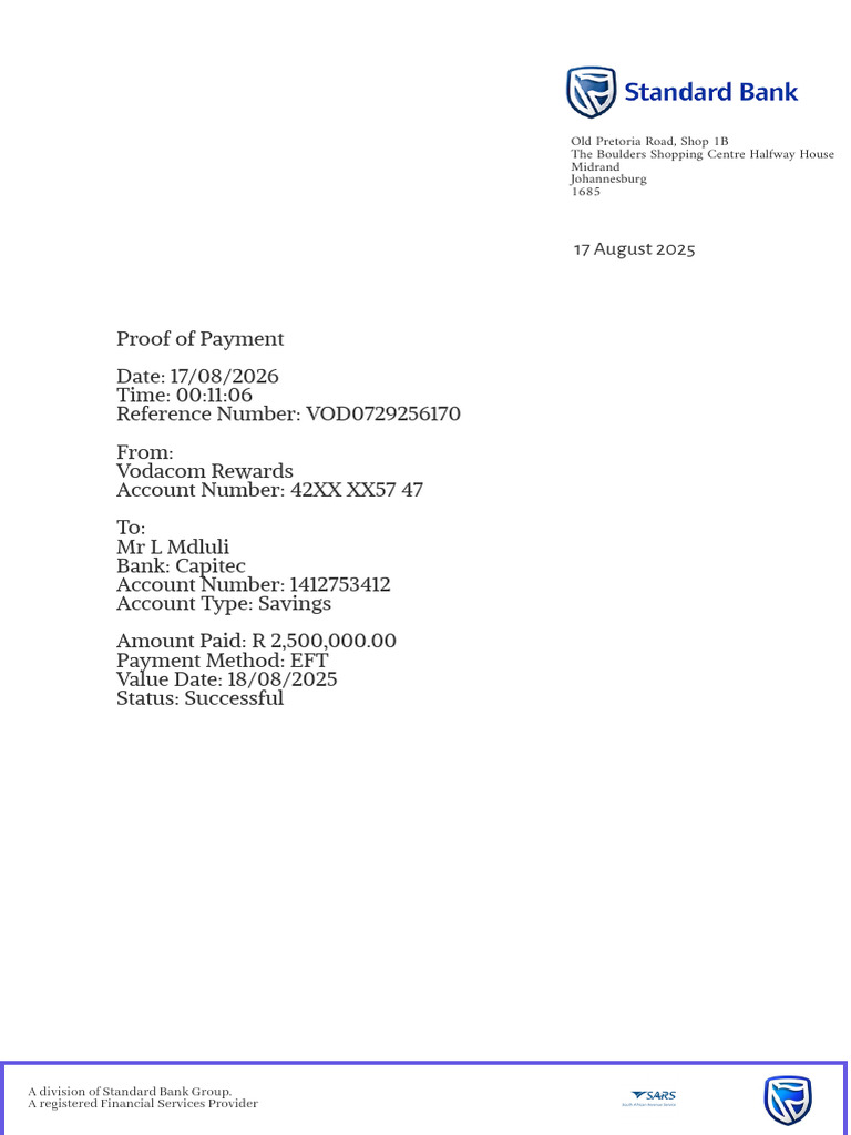 Vodacom Payment Proof to Capitec | PDF
