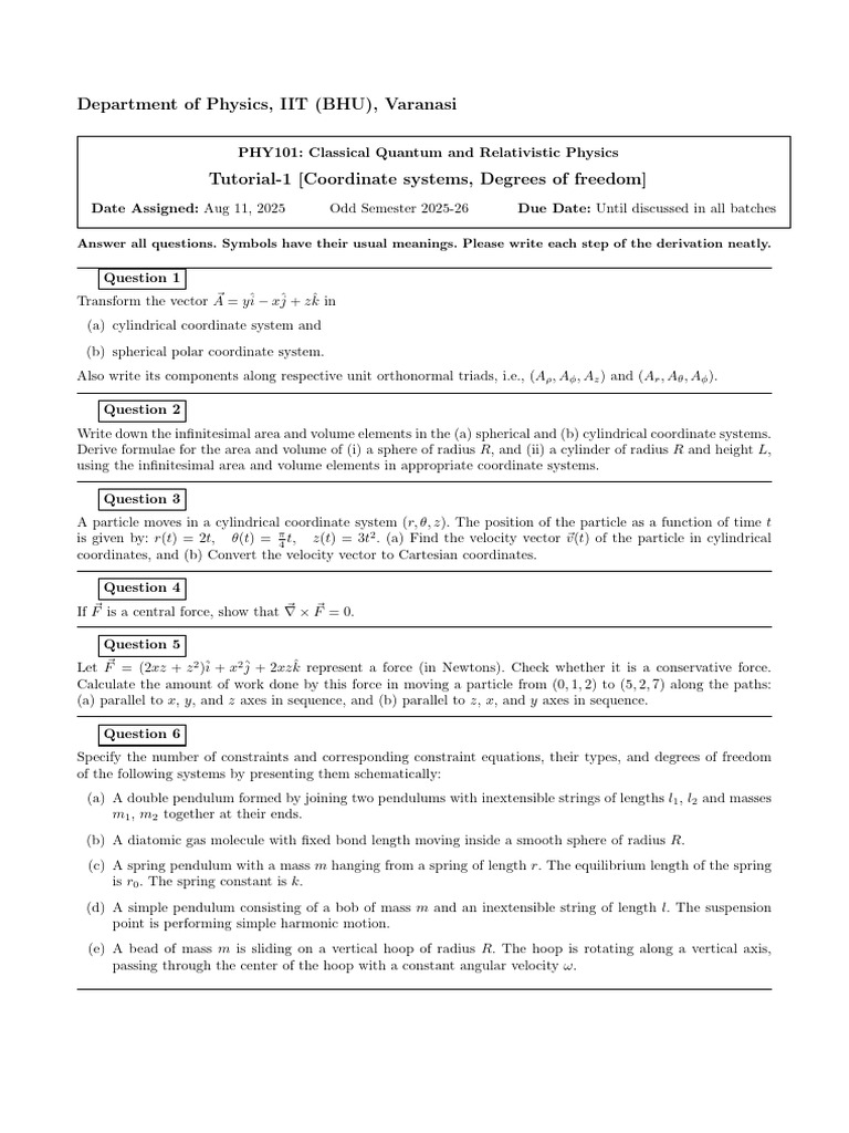 Tutorial1 PHY101 2025-26 | PDF | Coordinate System | Rotation