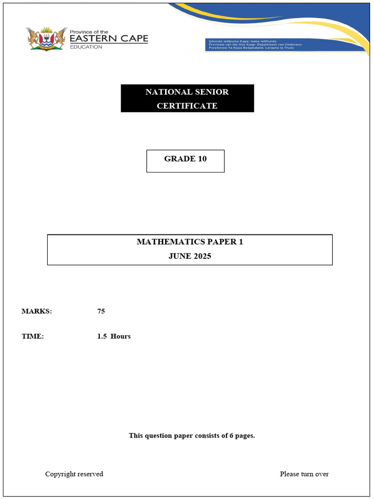 1 - Grade 10 Mathematics June P1 QP 2025 | PDF | Numbers | Rational Number