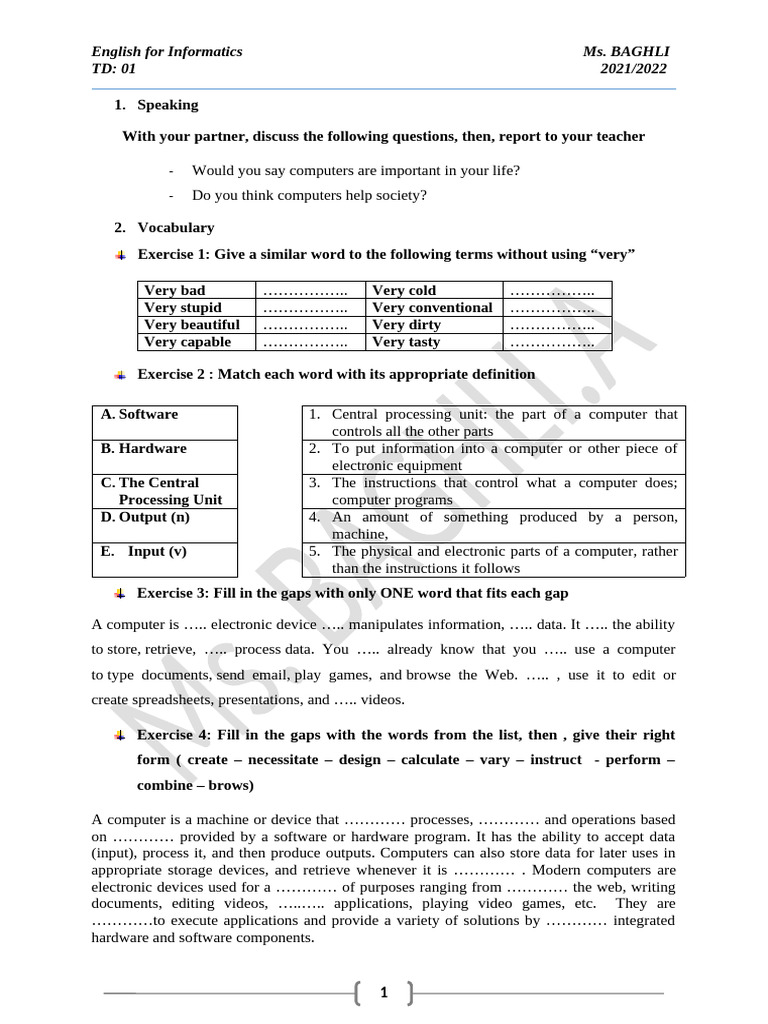 TD 1 Computers + Present Tenses (1) | PDF | Computer Hardware | Application Software