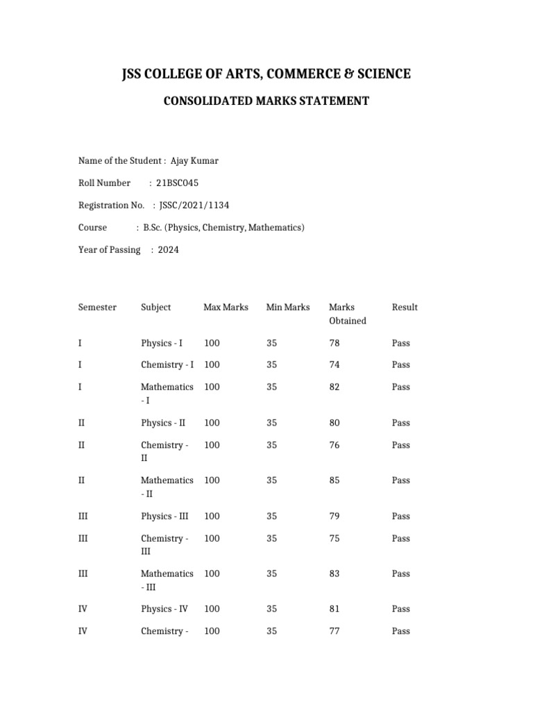 Ajay Kumar's B.Sc. Marks Statement 2024 | PDF