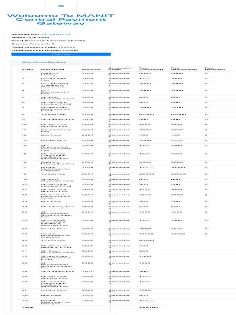 MANIT Fee Payment Summary 2024-2025 | PDF | Fee | Payments