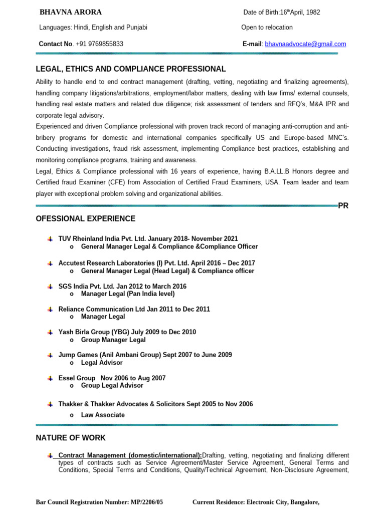 Resume Bhavna Arora Jan 2022 LC | PDF | Intellectual Property ...