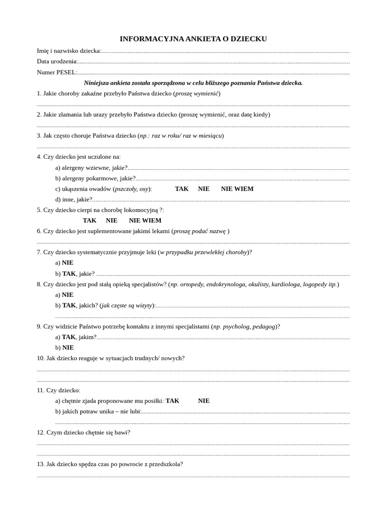 Informacyjna Ankieta o Dziecku | PDF