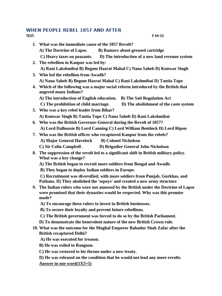 Grade 8 (Revoltvof 1857) Test | PDF | Indian Rebellion Of 1857 ...
