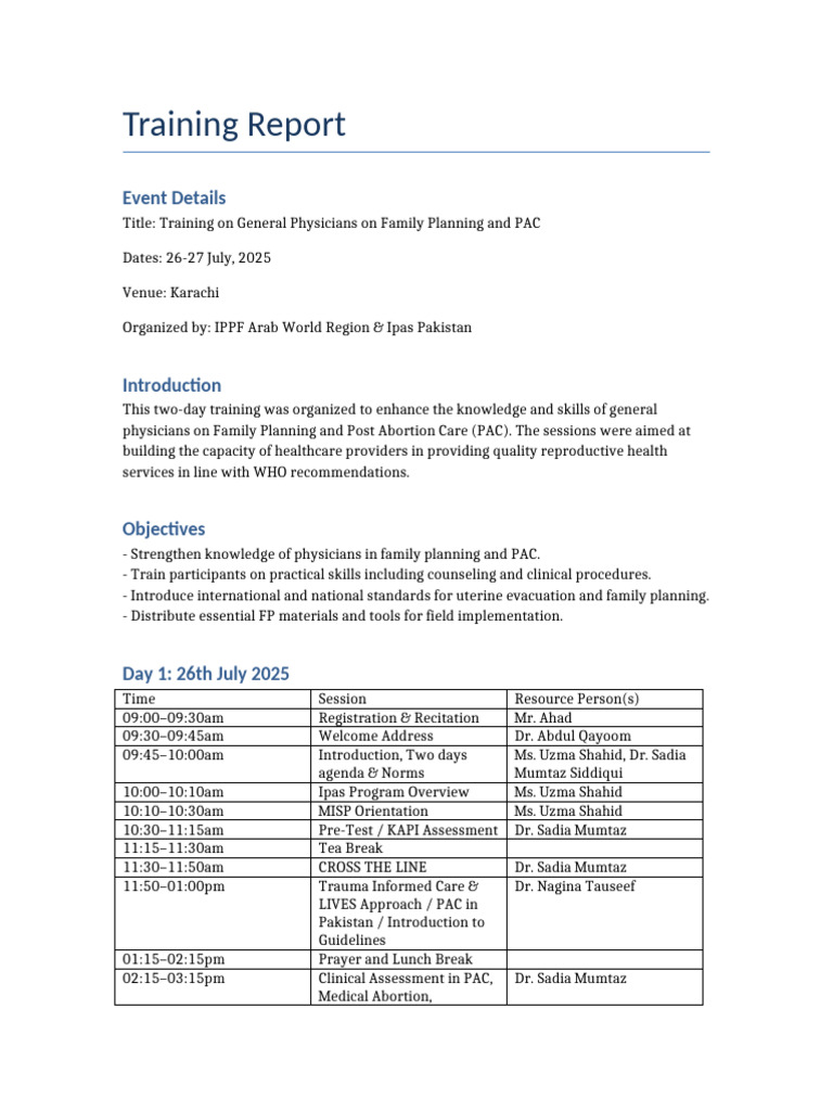 Training Report Family Planning PAC July2025 | PDF | Medicine | Human ...