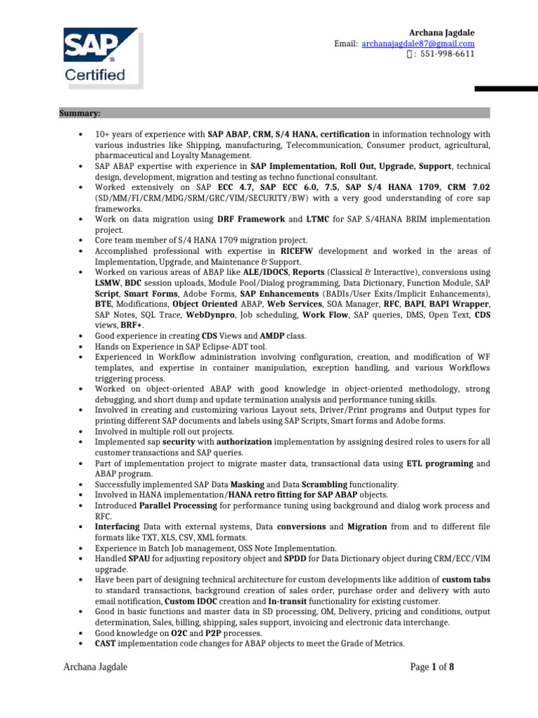 Dice Resume CV Archana Jagdale | PDF | Microsoft Sql Server | Web Service