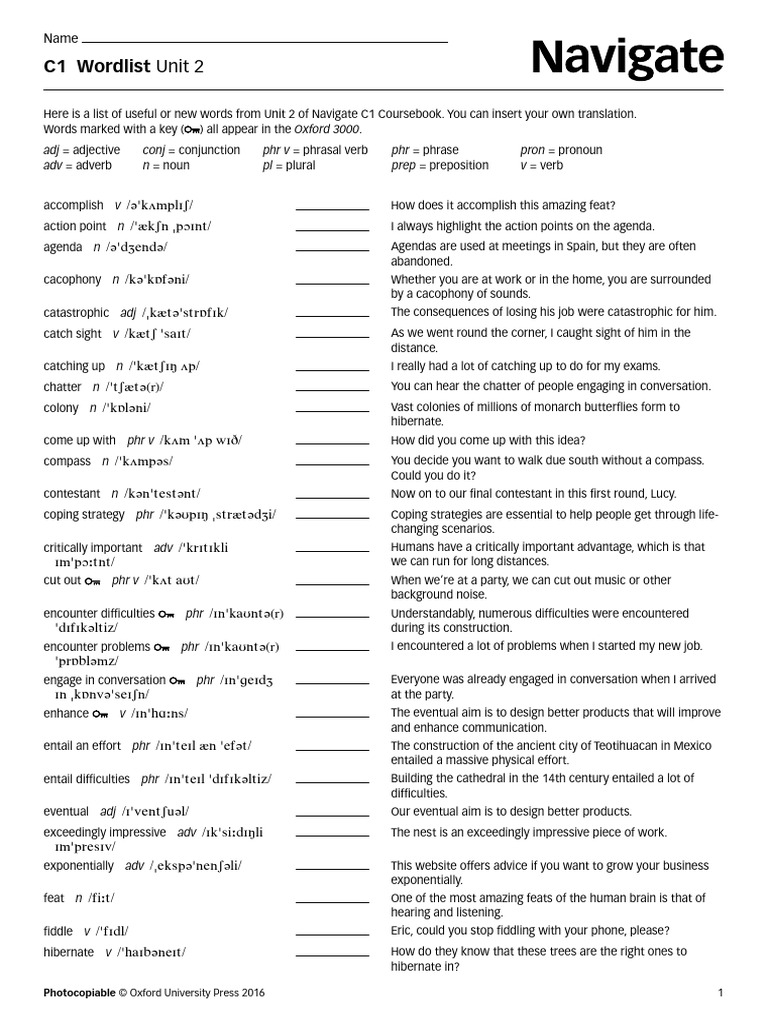 U2 Navigate c1 Unit Wordlist | PDF | Verb | Language Mechanics