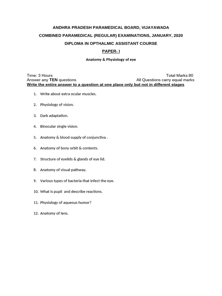 Diploma in Opthalmic Assistant Course - Paper1 | PDF