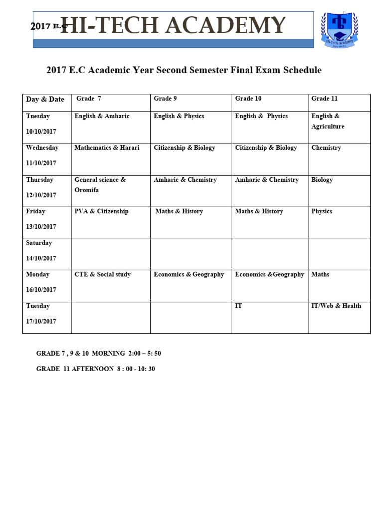 Second Semester Exam Schedule | PDF