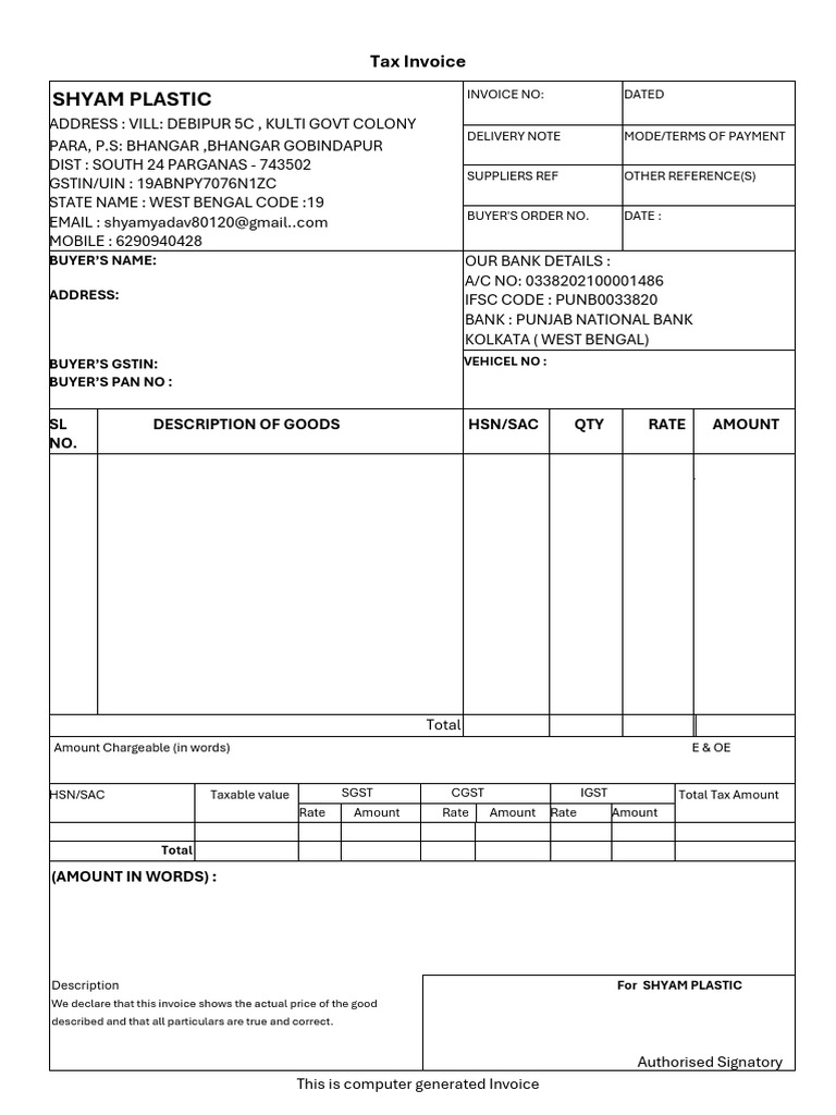 Tax Invoice for Shyam Plastic Services | PDF