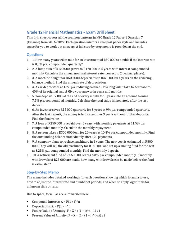 Grade 12 Financial Math Exam Drill 8 | PDF | Present Value | Interest
