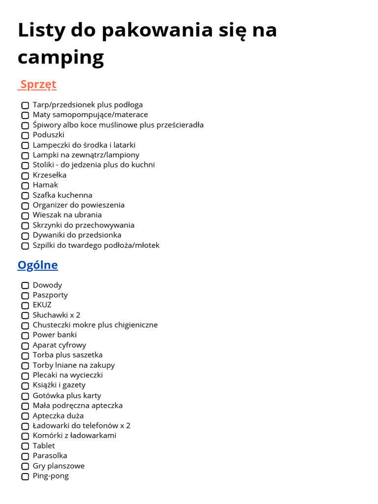 Lista Do Pakowania Na Camping - Kuchnia | PDF
