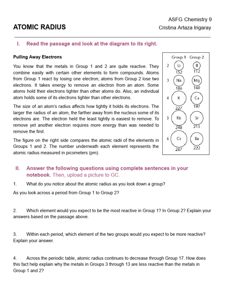 Atomic Radius Activity | PDF