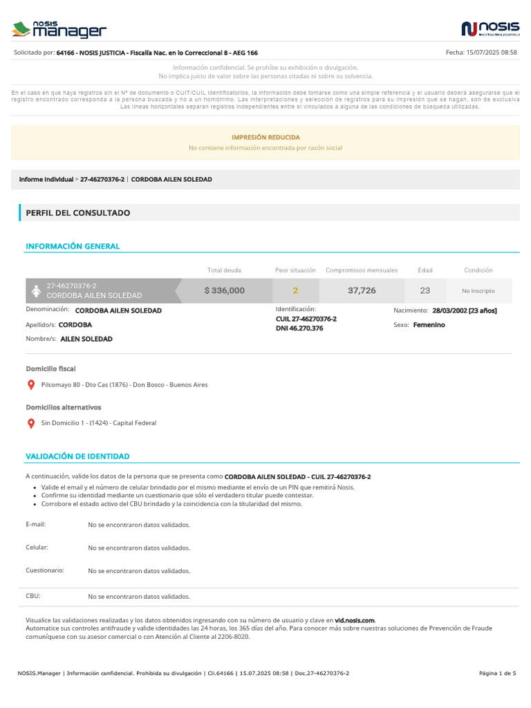 NOSIS Manager InformeIndividual 27462703762 64166 20250715085859 | PDF ...