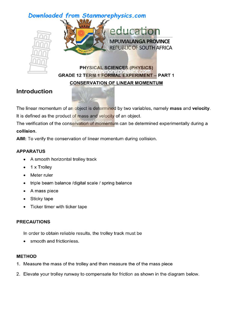 MP Physical Sciences Grade 12 Practical MOMENTUM 2020 and Memo | PDF
