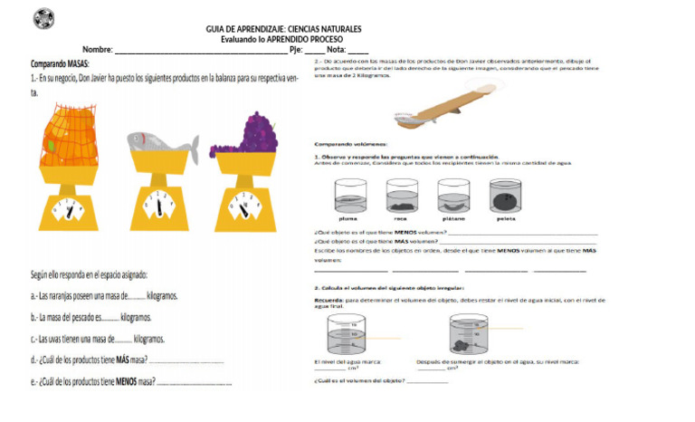 Guia de Aprendizaje Proceso Unidad 1 Masa y Volumen | PDF
