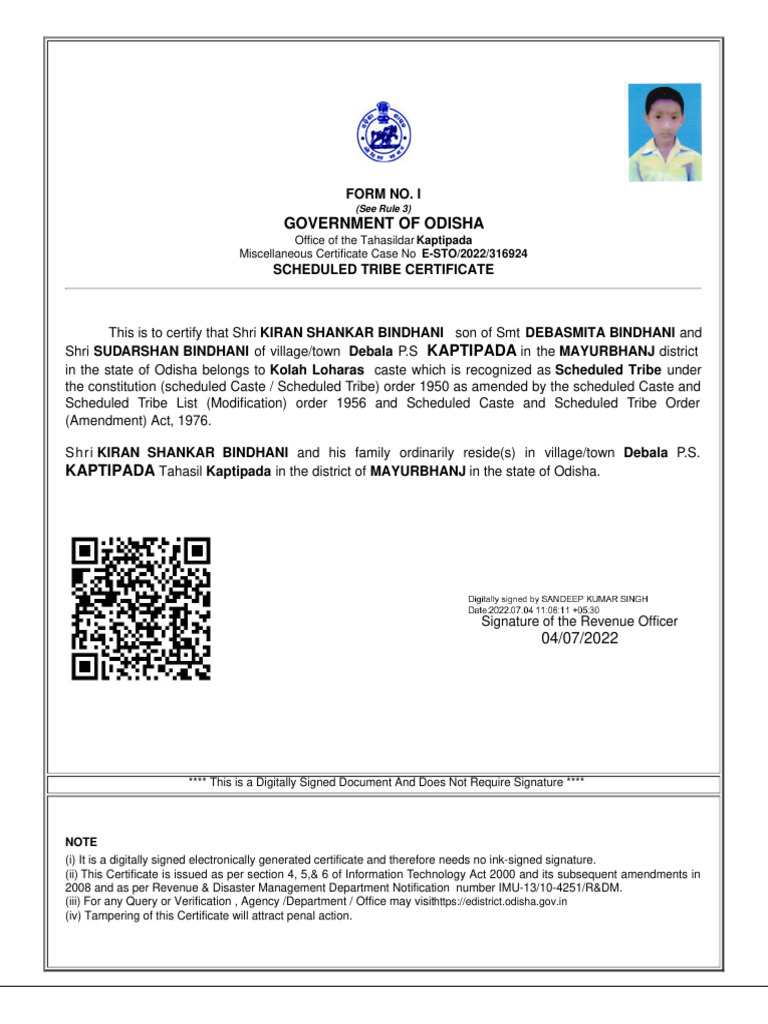 Odisha Scheduled Tribe Certificate | PDF