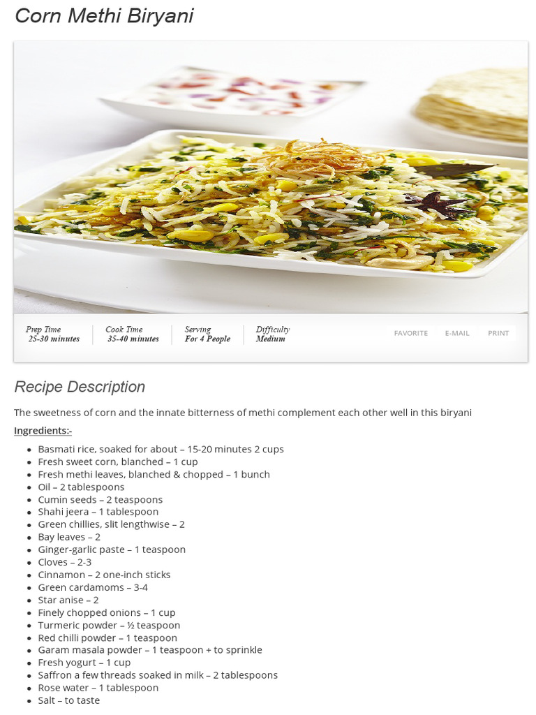 Corn Methi Biryani Recipe | PDF | Foods | Cuisine