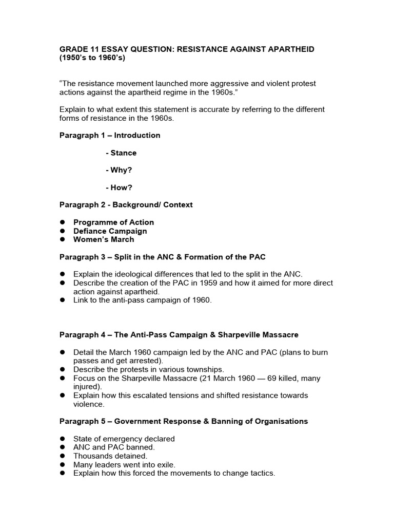 GRADE 11 ESSAY QUESTION With Outline Nature of Black Resistance To ...