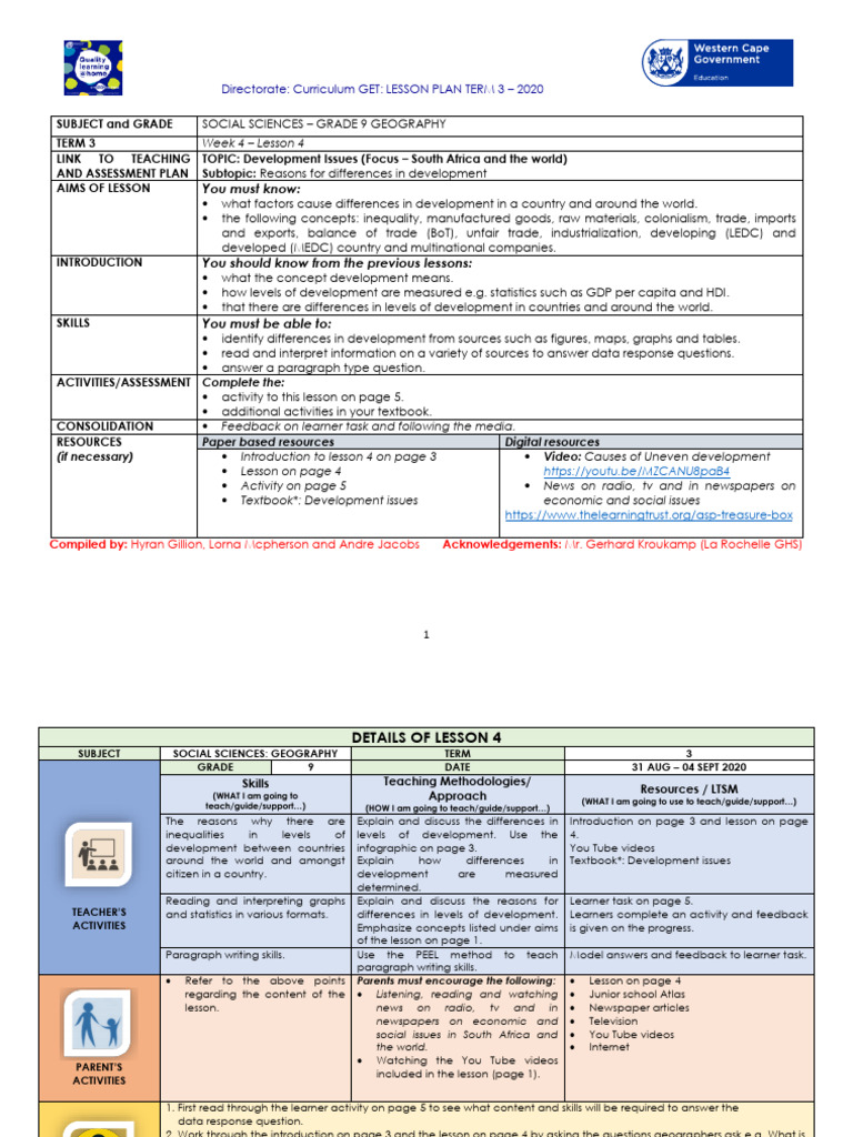 Lesson Plan GR 9 Geography T3 W4 | PDF | Developing Country | Imports