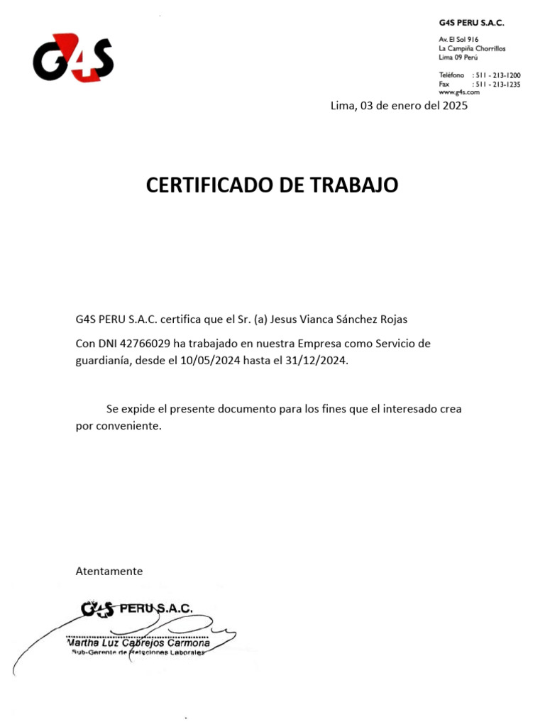 Certificado de Trabajo de Jesus Vianca Sánchez | PDF