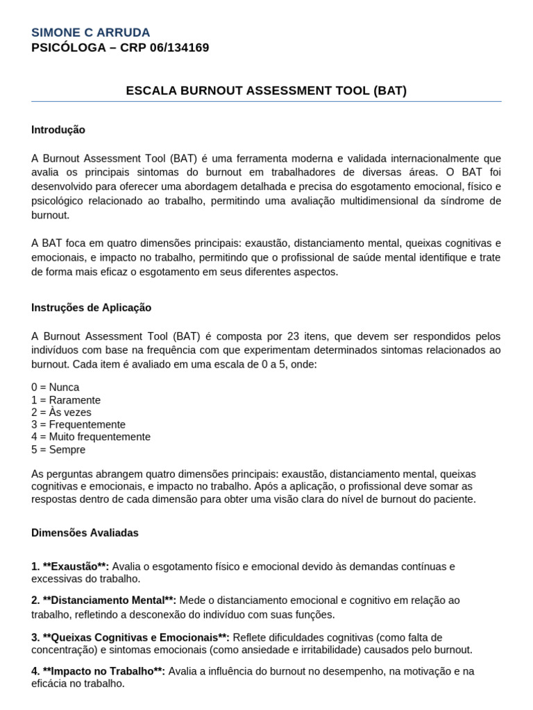 Escala Burnout Assessment Tool (Bat) | PDF | Burnout ocupacional | Emoções