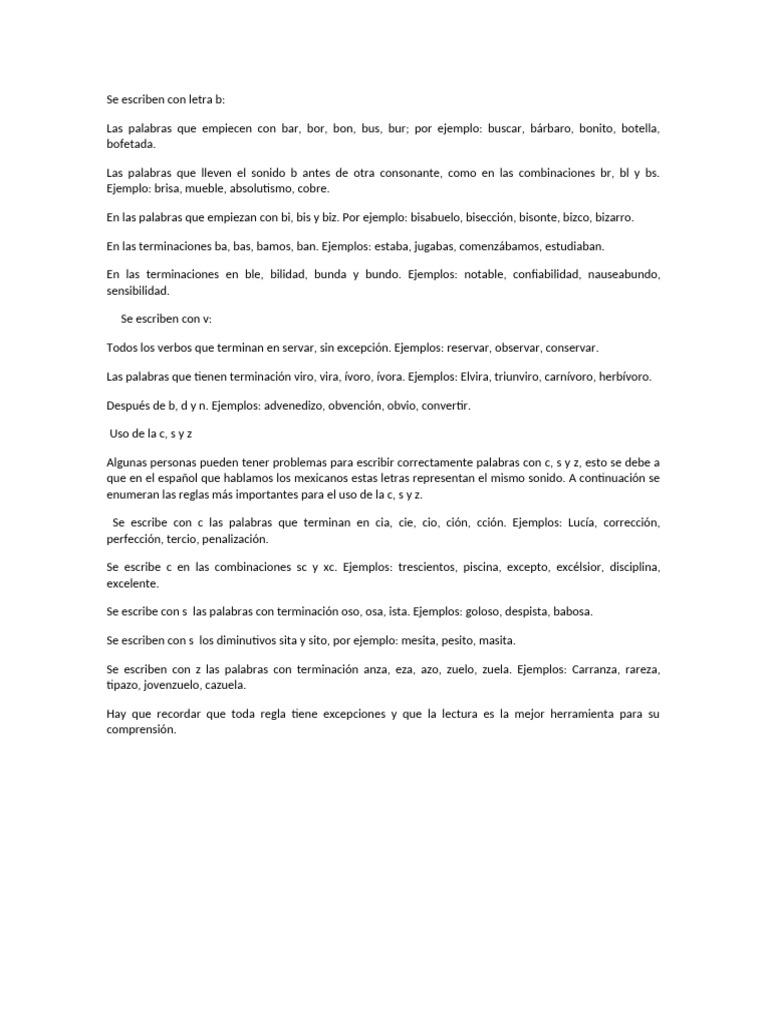 Reglas de escritura: B, V, C, S y Z | PDF