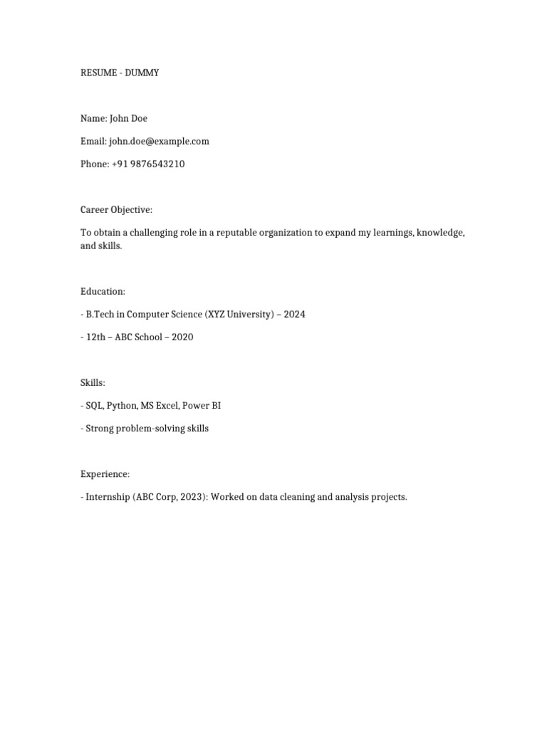 Dummy Resume Template PDF Download | PDF