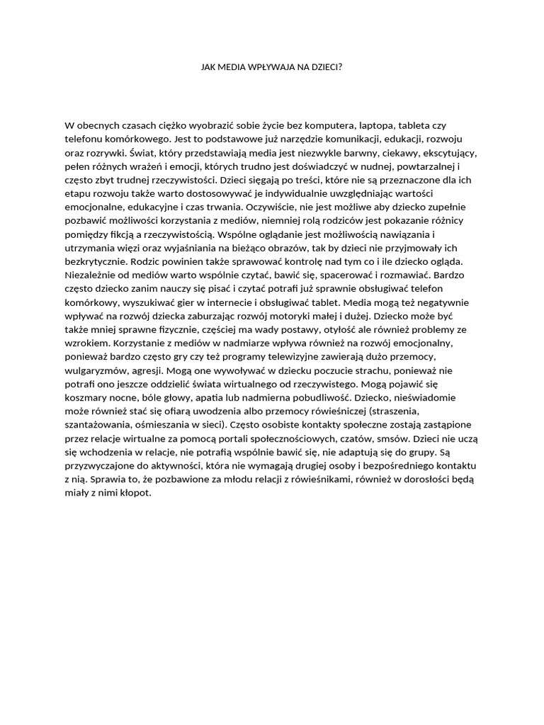Jak Media Wpływają Na Dzieci | PDF