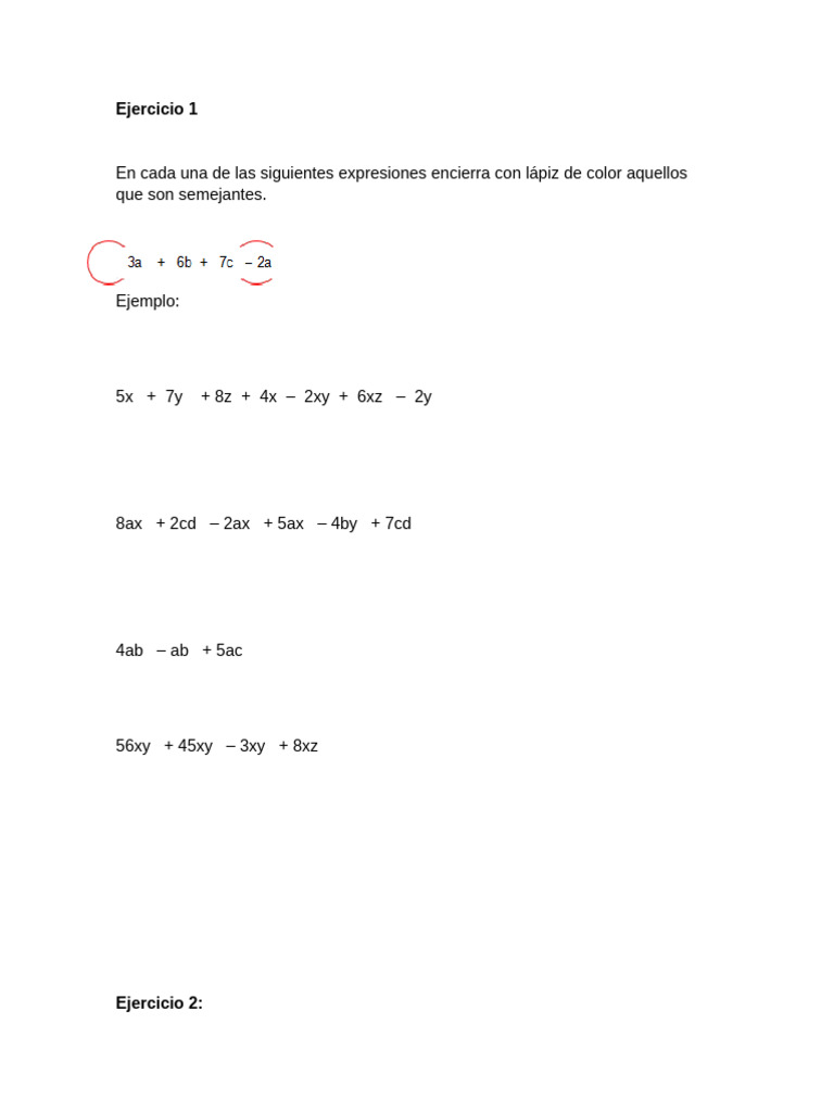 Ejercicios de Términos Semejantes para Primaria | PDF