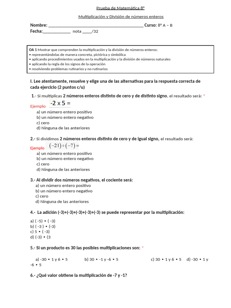 Prueba de Multiplicación y División 8° 2025 EJEMPLO | PDF | División ...