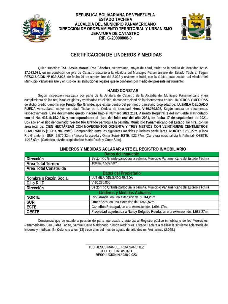 Certificacion de Linderos - Luzmila Delgado | PDF