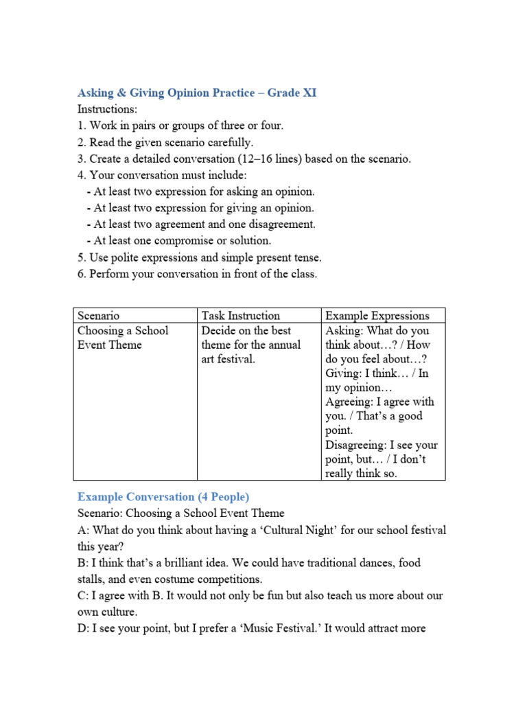 Opinion Practice for Grade XI Students | PDF