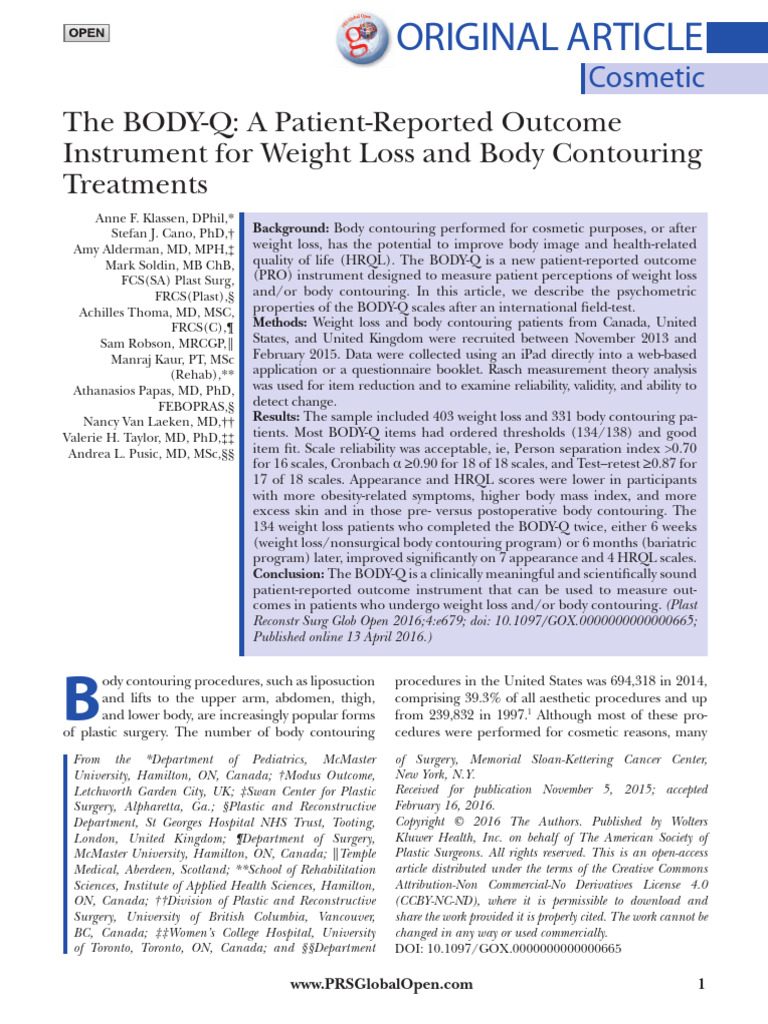 The BODY-Q A Patient-Reported Outcome Instrument F | PDF | Bariatric ...