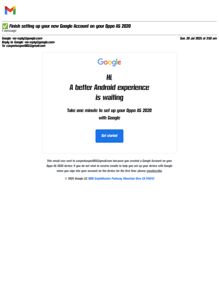 Gmail - Finish Setting Up Your New Google Account On Your Oppo A5 2020 ...
