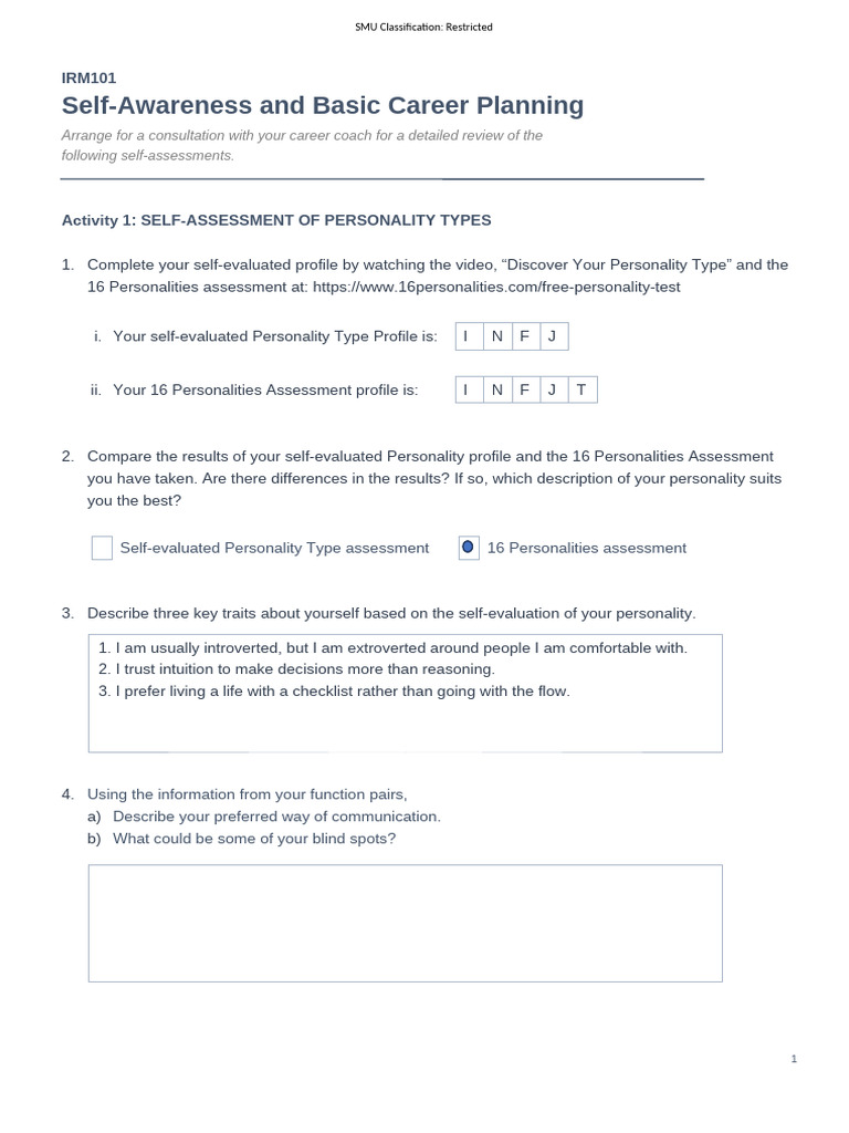 Self-Awareness and Basic Career Planning Worksheet | PDF | Extraversion And Introversion ...