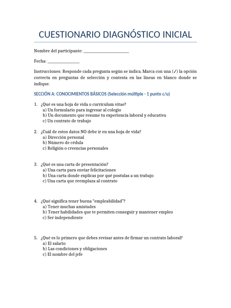 Cuestionario Diagnostico Habilidades Trabajo | PDF