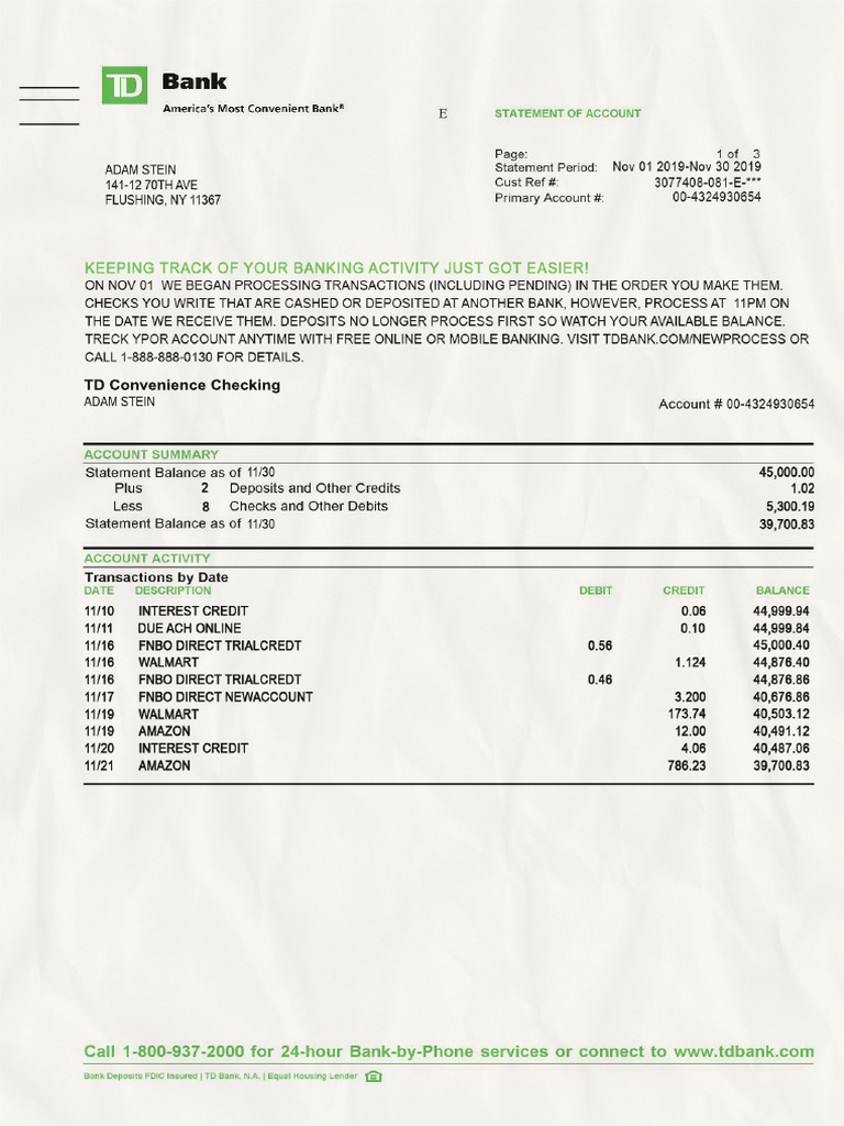 TD BANK Statement | PDF